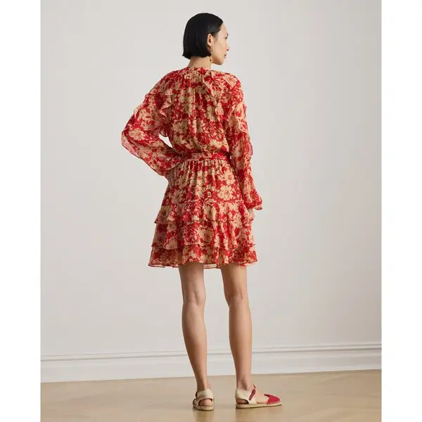 Ralph Lauren Printed Ruffle-trim Georgette Tiered Dress - Red/tan