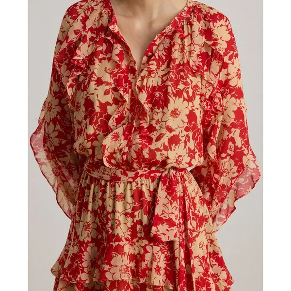Ralph Lauren Printed Ruffle-trim Georgette Tiered Dress - Red/tan