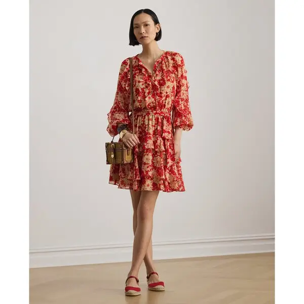 Ralph Lauren Printed Ruffle-trim Georgette Tiered Dress - Red/tan