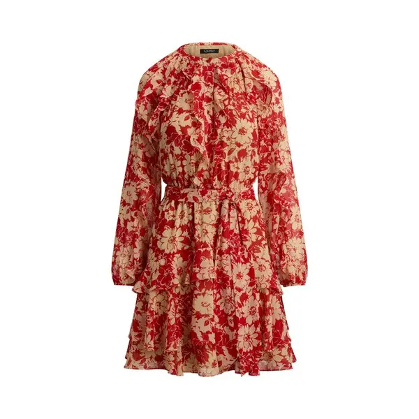 Ralph Lauren Printed Ruffle-trim Georgette Tiered Dress - Red/tan