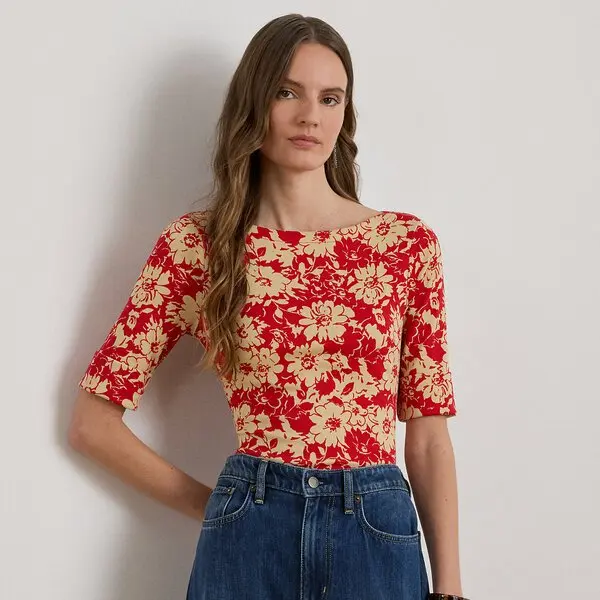 Ralph Lauren Floral Stretch Cotton Boatneck Tee - Red/tan