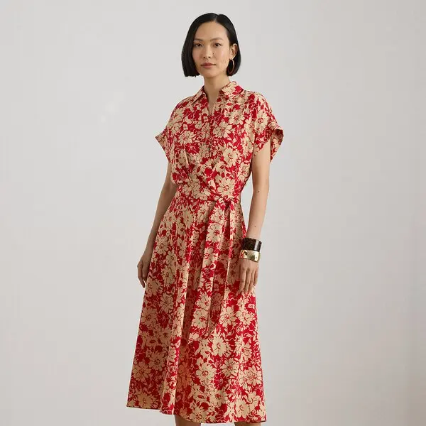 Ralph Lauren Floral Belted Crepe Dress - Red/tan