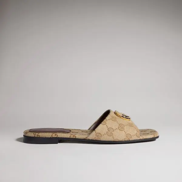Gucci Gg Canvas Slide Sandal With Double G - Beige