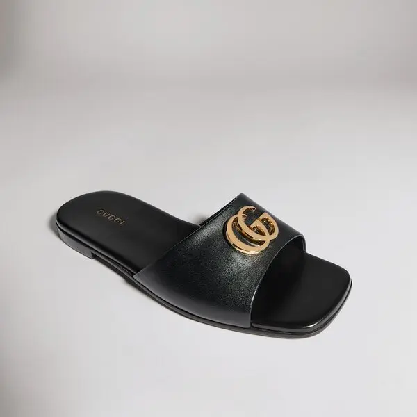 Gucci Double G Leather Slide Sandal - Black