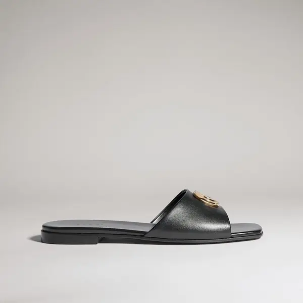Gucci Double G Leather Slide Sandal - Black