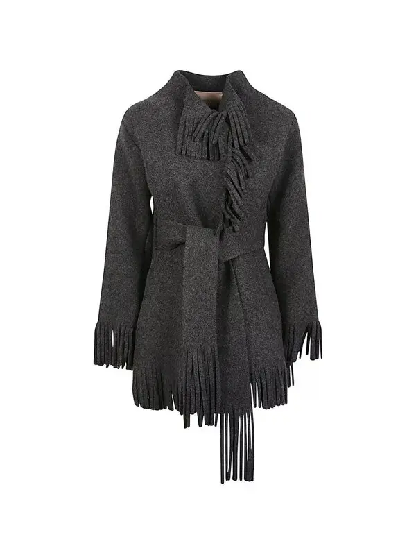 MALIN FRANKE Fringe-trim Belted Coat - Grey