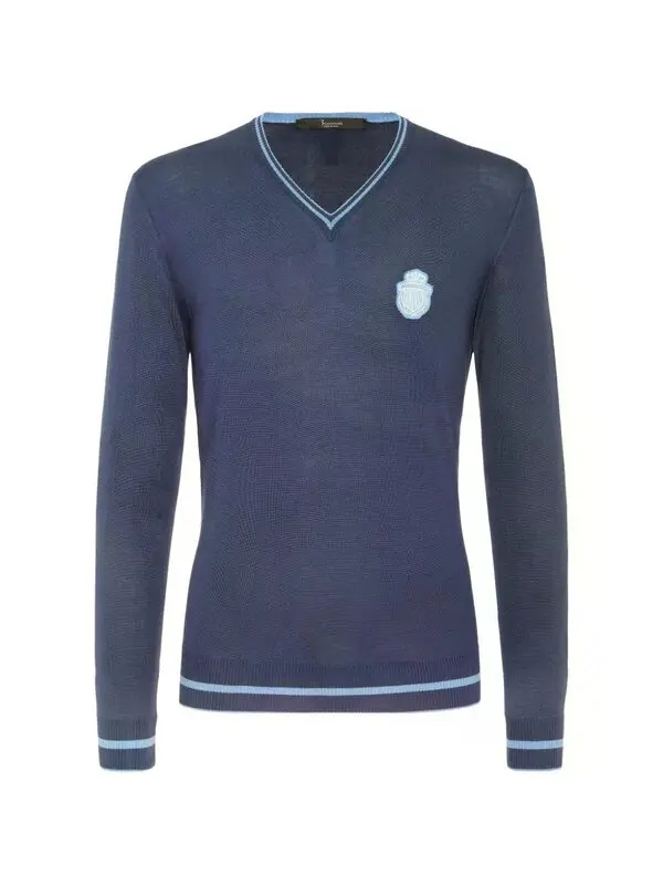 BILLIONAIRE Embroidered Crest V-neck Sweater - Blue