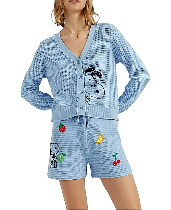 Chinti & Parker Cotton Snoopy Crochet Peekabo Cardigan - Light Blue