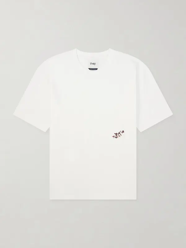 DRAKE'S Blackthorn Embroidered Cotton-jersey T-shirt - White