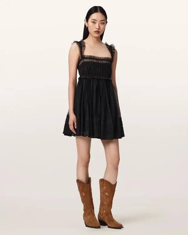 ALLSAINTS Angela Gathered Frill Mini Dress - Black