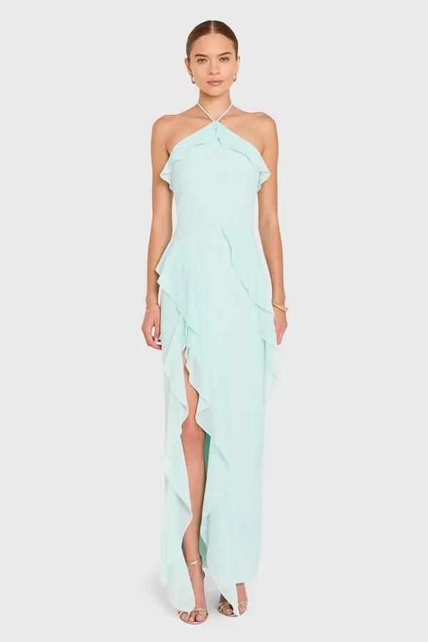 Amanda Uprichard Alessandra Chiffon Maxi Dress With Halter Neckline And Ruffled Accents - Celadon