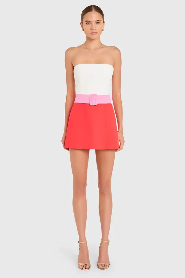Amanda Uprichard Fae Strapless Color-blocked Romper - Ivory Crimson