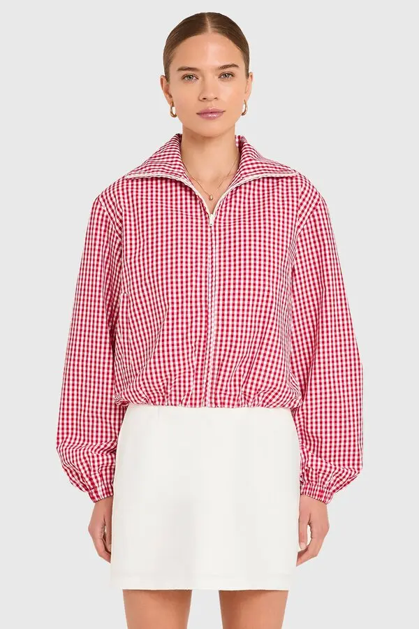 Amanda Uprichard Como Bomber Jacket In Gingham - Ivory Red