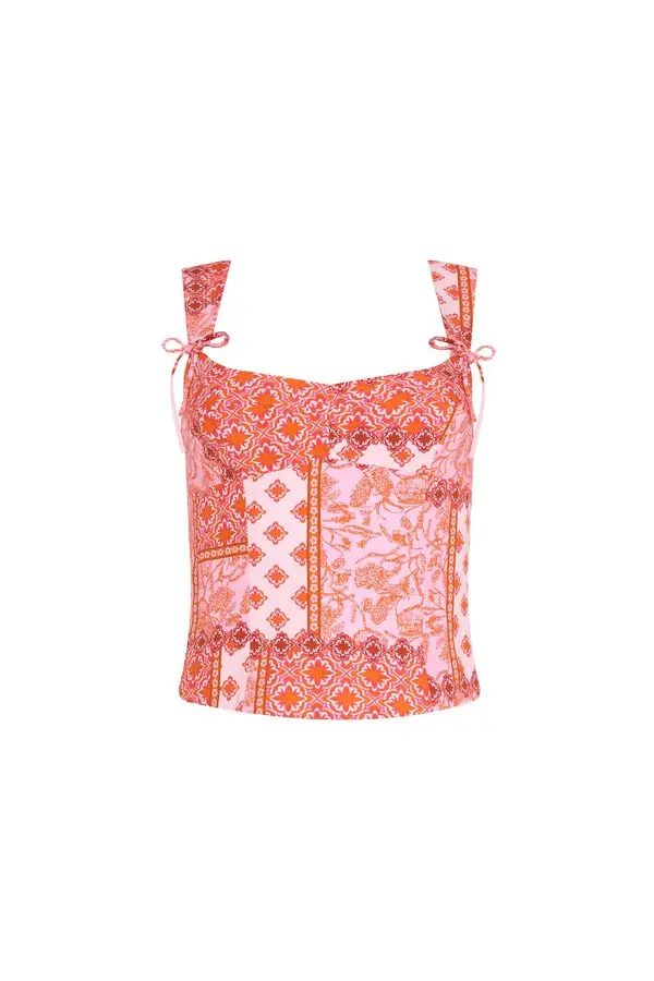 Amanda Uprichard Candice Top With Bow Detail And Patchwork Print - Pink Multi