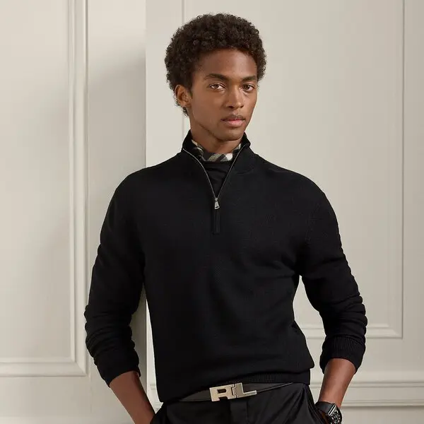 Ralph Lauren Piqué-knit Quarter-zip Wool Sweater - Classic Black
