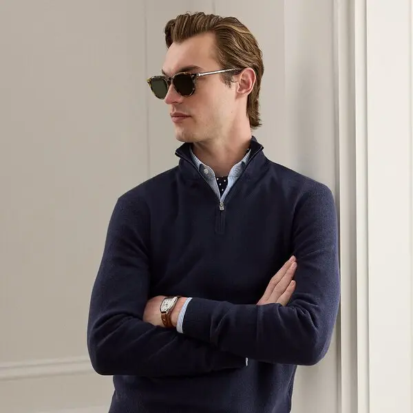 Ralph Lauren Piqué-knit Quarter-zip Wool Sweater - Classic Chairman Navy
