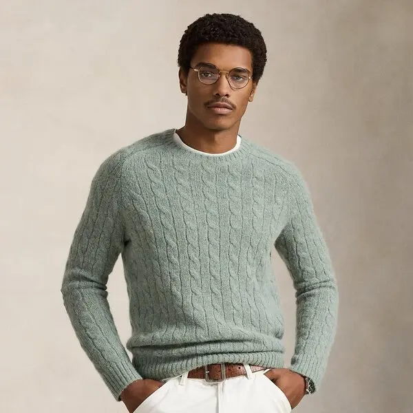 Ralph Lauren Suede-patch Cable-knit Sweater - Fern Green Heather