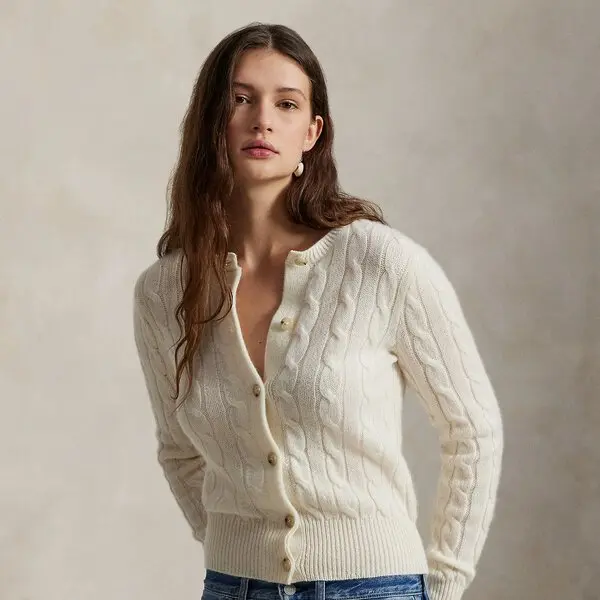 Ralph Lauren Cable-knit Cashmere Crewneck Cardigan - Cream