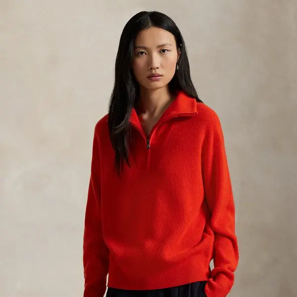 Ralph Lauren Rib-knit Cashmere Half-zip Sweater - Bright Poppy
