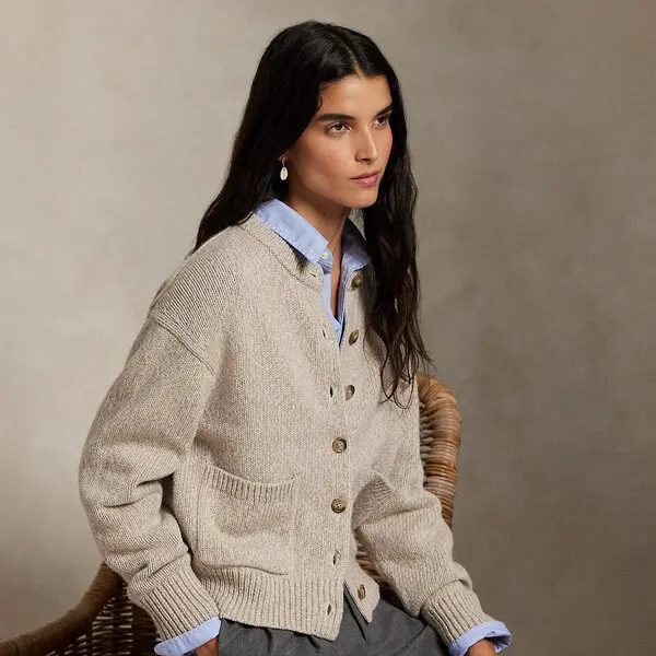 Ralph Lauren Cashmere Crewneck Cardigan - Almond Marl