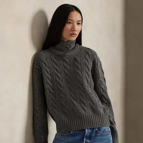 Ralph Lauren Cable-knit Wool-cashmere Polo Sweater - Flannel Grey Heather