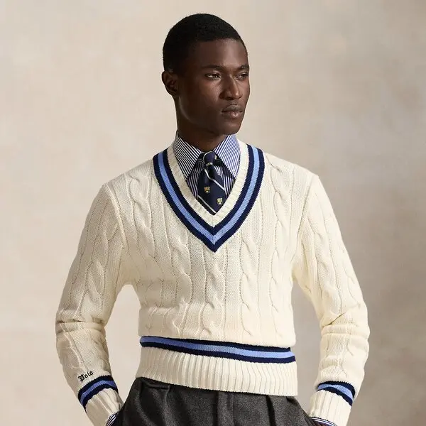 Ralph Lauren The Iconic Cricket Sweater - Cream W/navy Stripe