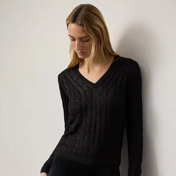 Ralph Lauren Cabe-knit Sik V-neck Sweater - Black