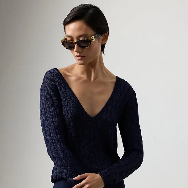 Ralph Lauren Cable-knit Silk V-neck Sweater - Lux Navy