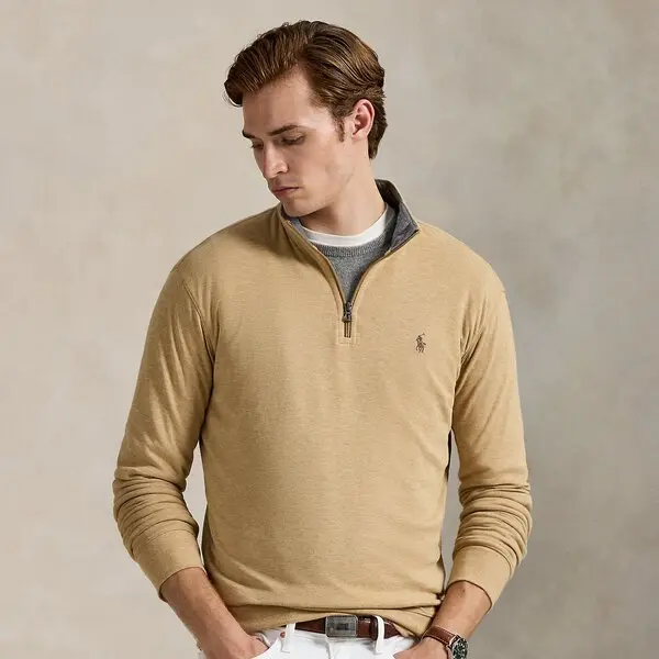 Ralph Lauren Luxury Jersey Quarter-zip Pullover - Classic Camel Heather