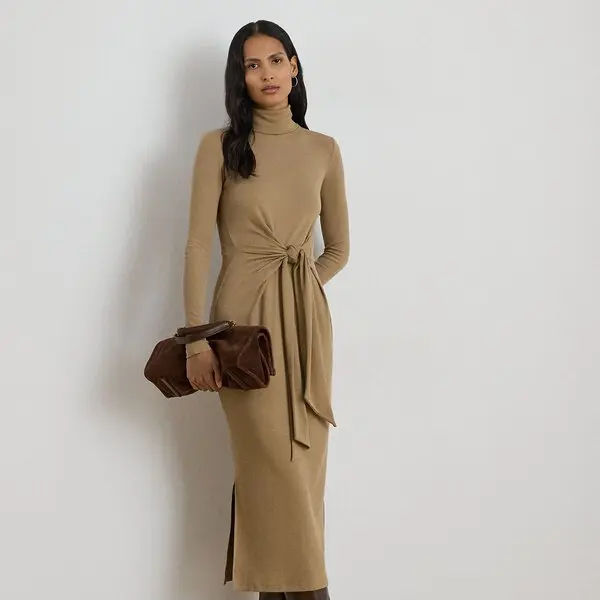 Ralph Lauren Tie-front Turtleneck Midi Dress - Classic Camel