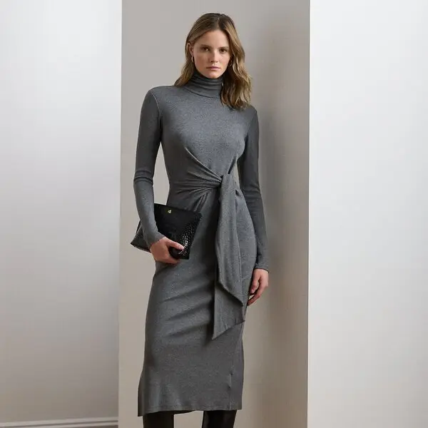 Ralph Lauren Tie-front Turtleneck Midi Dress - Onyx Grey Heather