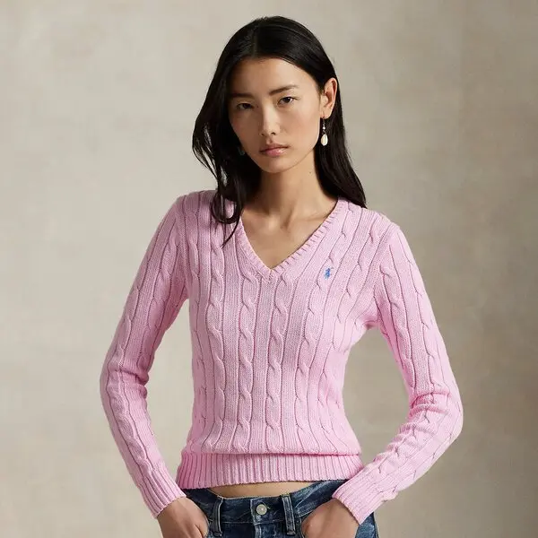 Ralph Lauren Cabe-knit Cotton V-neck Sweater - Carmel Pink