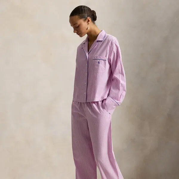 Ralph Lauren Striped Popin Ong-seeve Pajama Set - White Cloud X Violet Mead