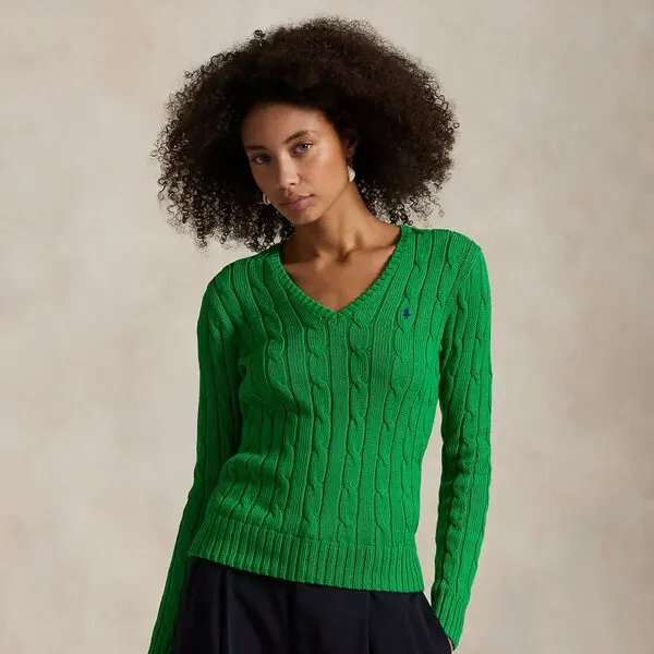 Ralph Lauren Cable-knit Cotton V-neck Weater - Green