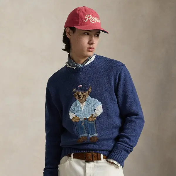 Ralph Lauren Intarsia Polo Bear Cotton Sweater - Light Navy