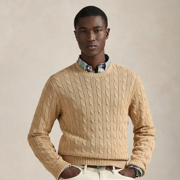 Ralph Lauren Cable-knit Cotton Crewneck Sweater - Camel Melange