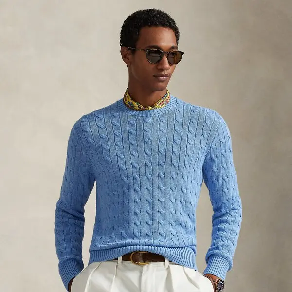 Ralph Lauren Cable-knit Cotton Crewneck Sweater - Sky Blue