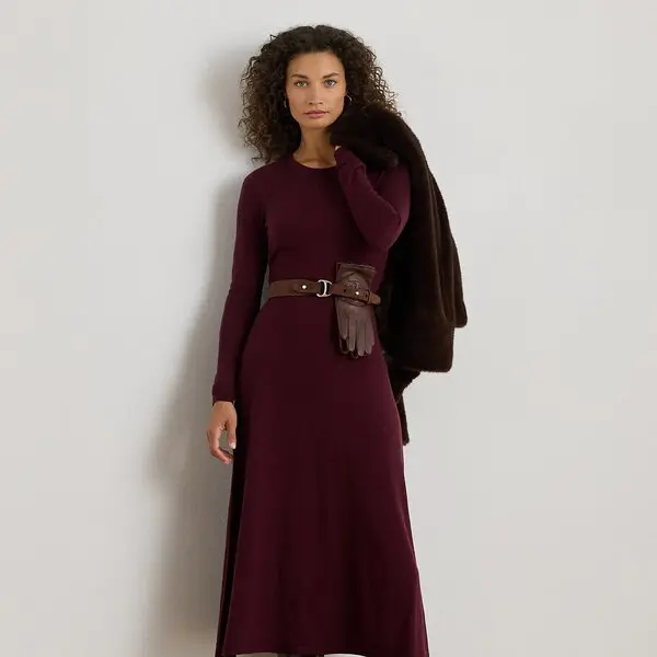 Ralph Lauren Crewneck Worsted Wool Sweater Dress - Dark Garnet