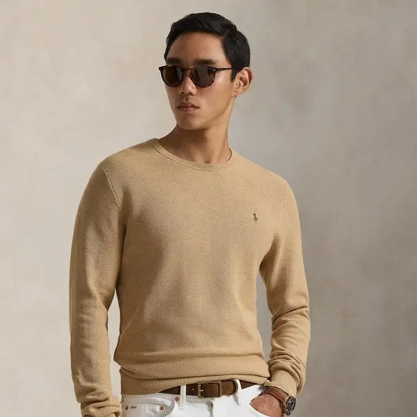 Ralph Lauren Mesh-knit Cotton Crewneck Sweater - Camel Melange