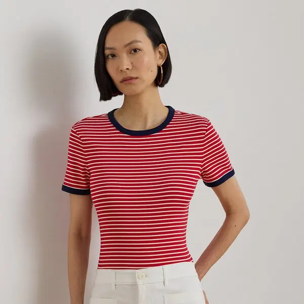 Ralph Lauren Striped Stretch Cotton Tee - Cruise Red/cream