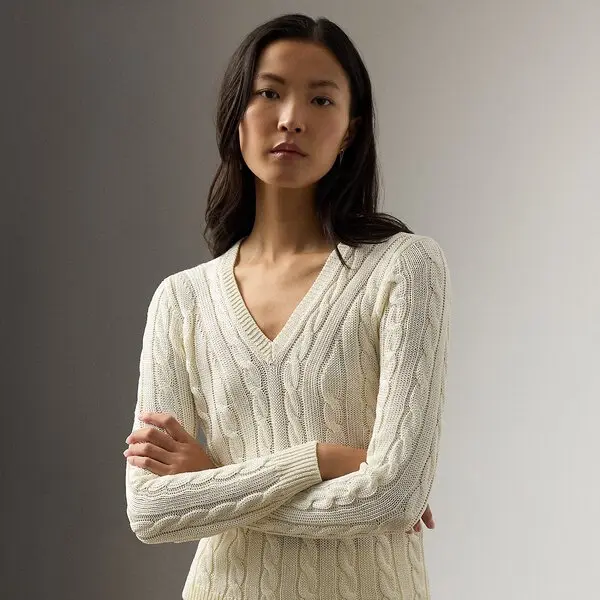 Ralph Lauren Cable-knit Silk V-neck Sweater - Lux Cream