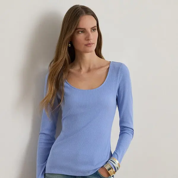 Ralph Lauren Rib-knit Long-sleeve Scoopneck T-shirt - Banker Blue