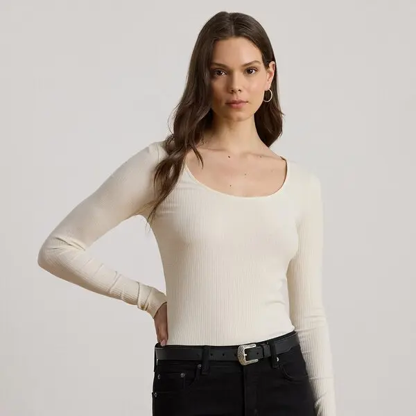 Ralph Lauren Rib-knit Long-sleeve Scoopneck T-shirt - Mascarpone Cream