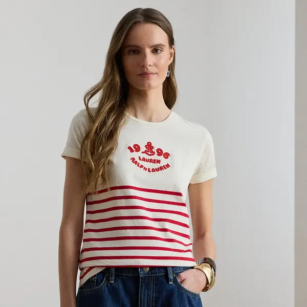 Ralph Lauren Striped Jersey Tee With Embroidered Logo - Mascarpone Cream/red