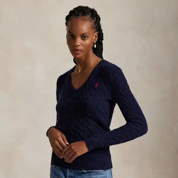 Ralph Lauren Cable-knit Wool-cashmere V-neck Sweater - Hunter Navy