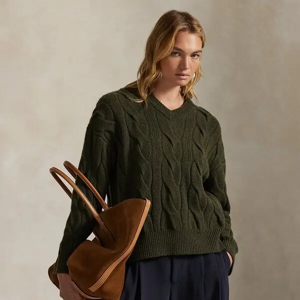 Ralph Lauren Cable-knit Wool-cashmere V-neck Sweater - Olive Marl