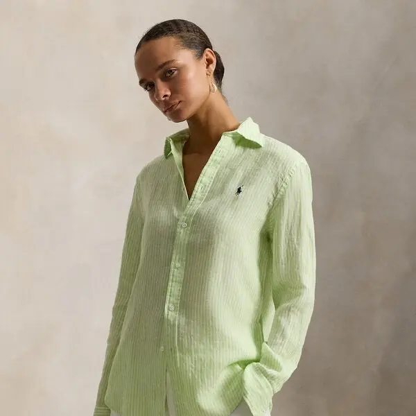 Ralph Lauren Cassic Fit Striped Inen Shirt - Electric Lime/white