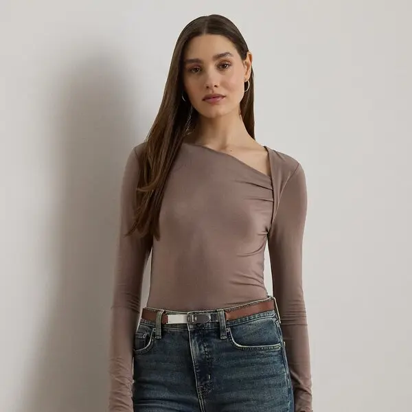 Ralph Lauren Stretch Jersey Asymmetrica Top - Taupe Brown