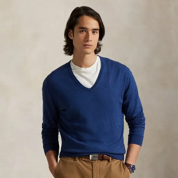 Ralph Lauren Cotton V-neck Sweater - Rustic Navy Heather