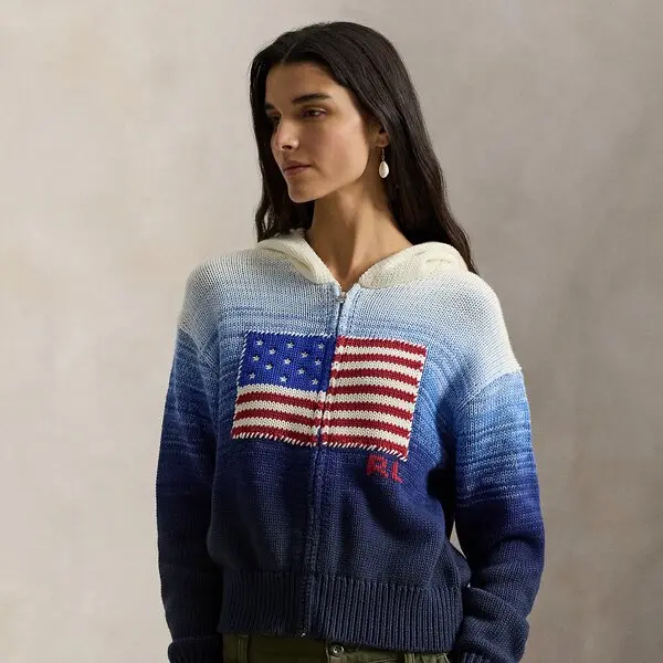 Ralph Lauren Flag Obré Cotton Zip Hoodie - White/royal Blue